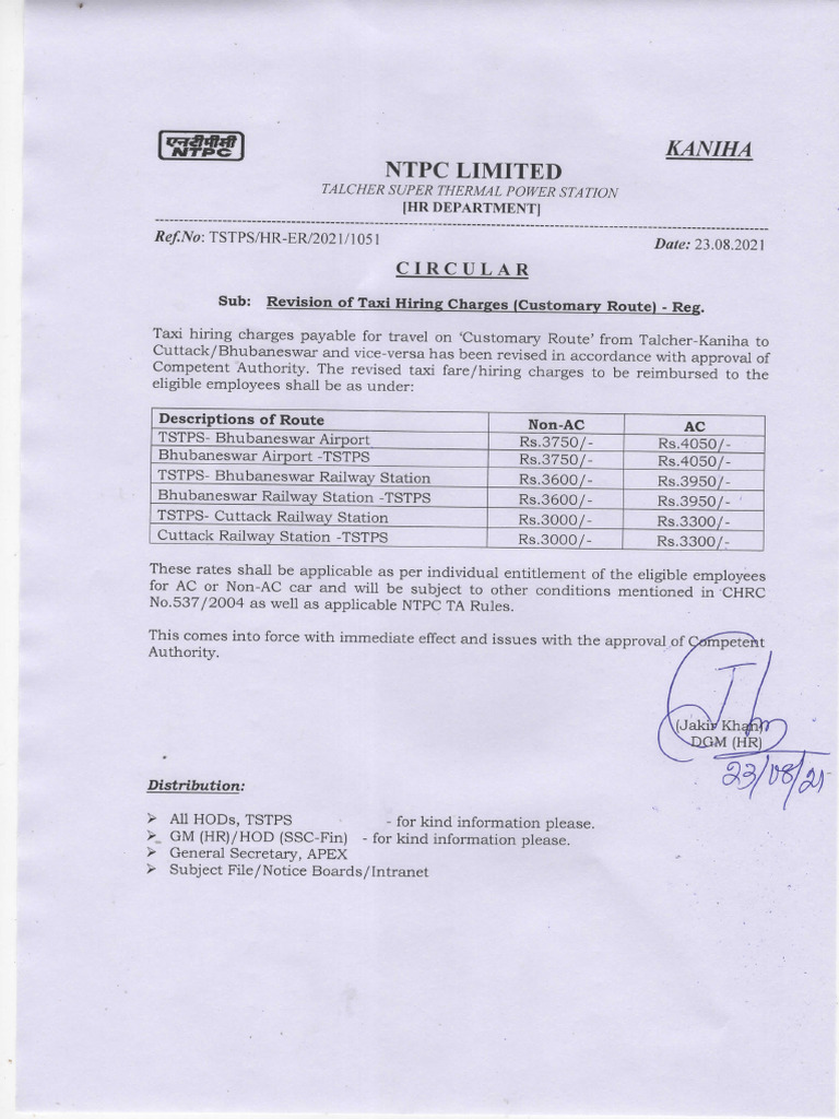 Circular dtd.23.08.2021 - Revision of Taxi Hring Charges (Customary ...