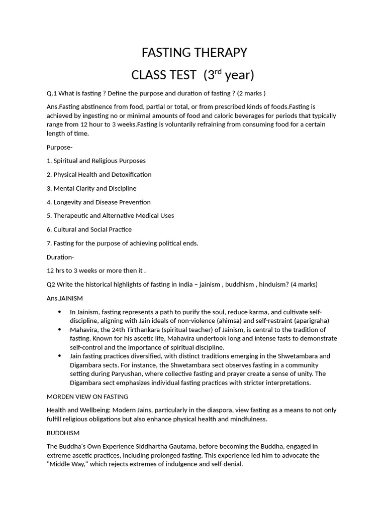 Class Test Fasting Therapy | PDF | Fasting | Ayurveda