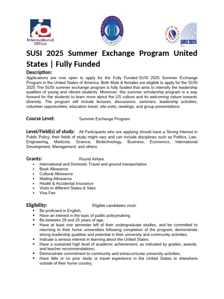 SUSI 2025 Summer Exchange Program Open | PDF
