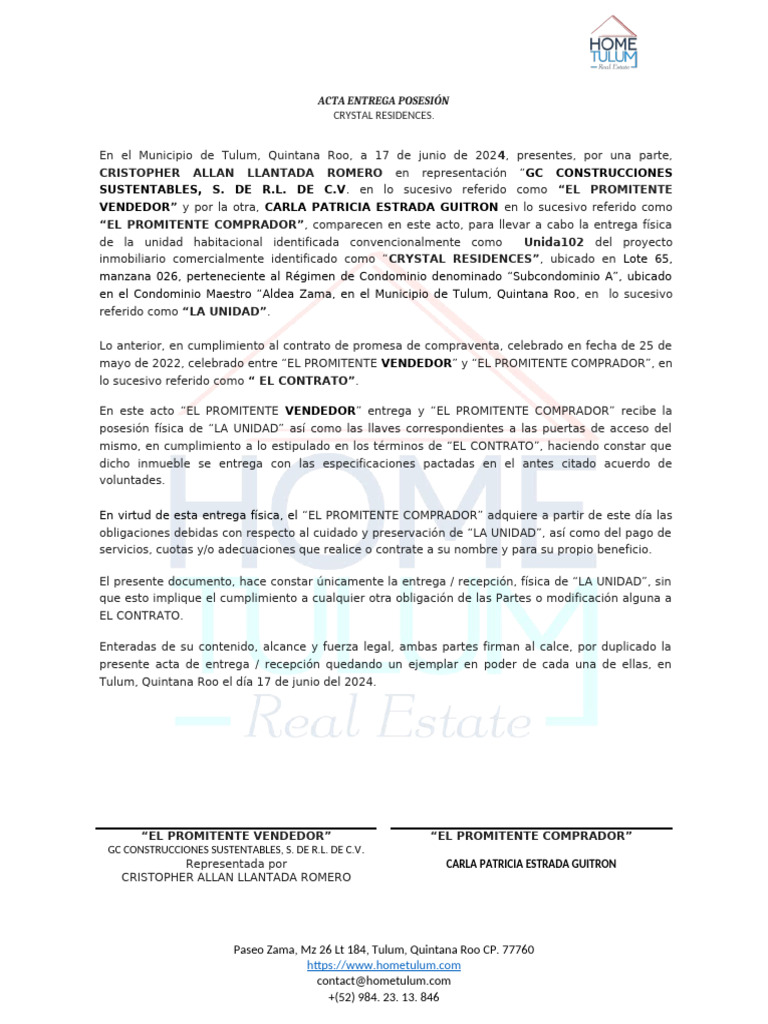 Acta Entrega Posesión | PDF | Consentimiento | Derecho privado