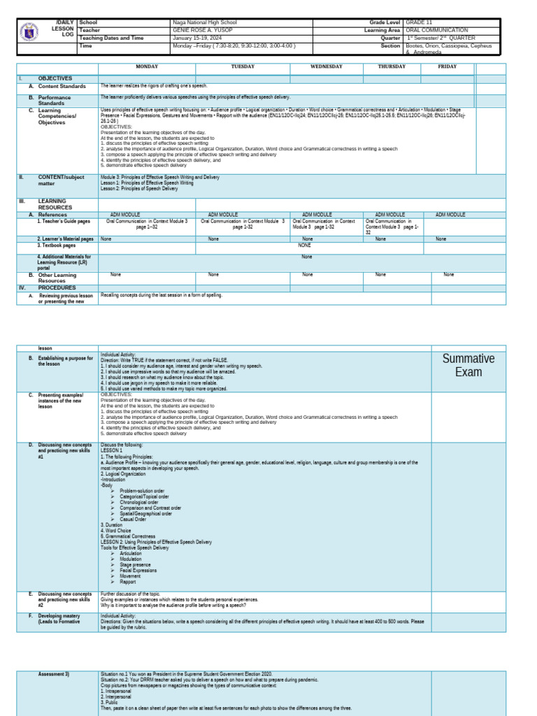 Grade 11 Oral Communication Lesson Plan | PDF | Learning | Speech