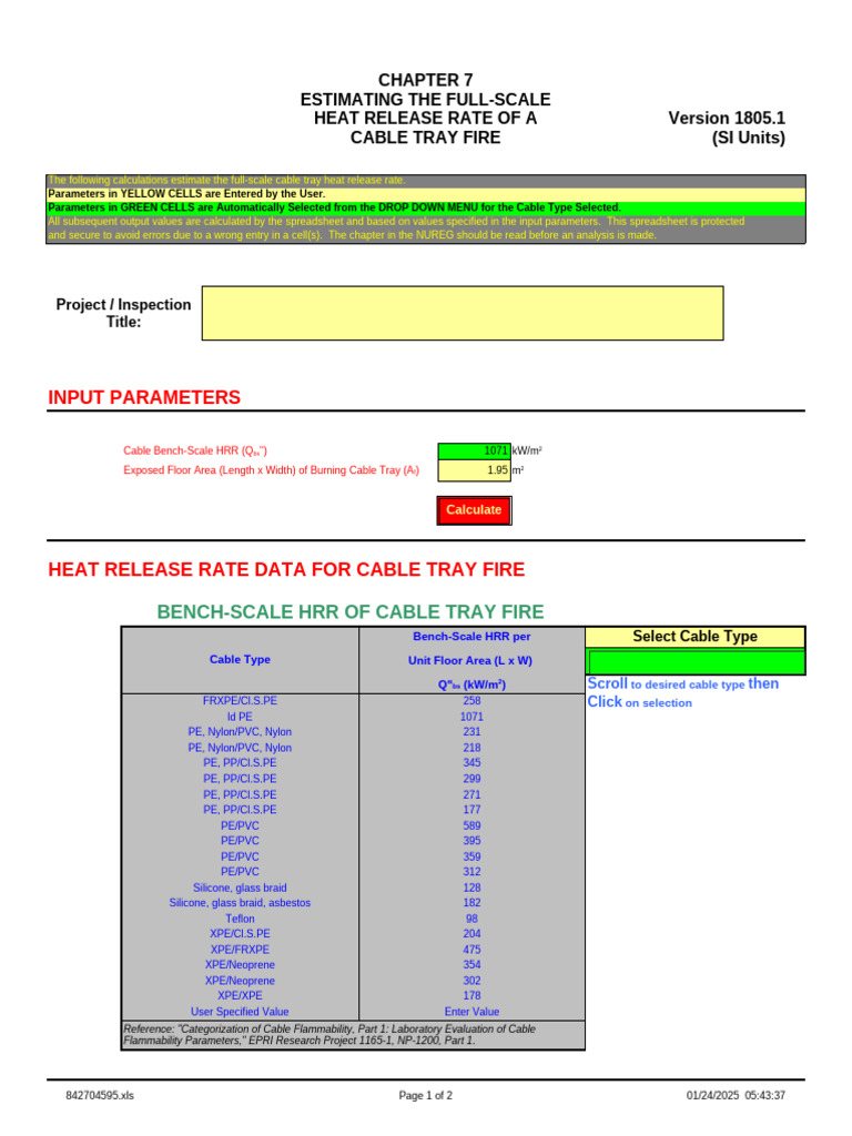 07 Cable HRR Calculations Sup1 Si | PDF | Parameter (Computer Programming) | Spreadsheet