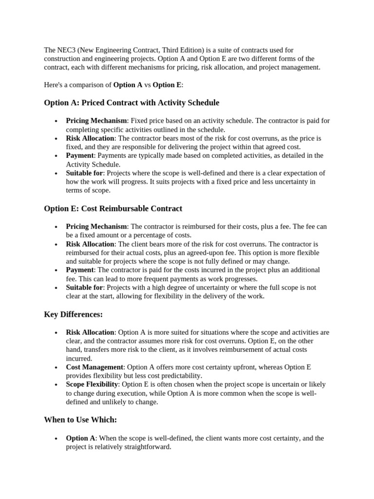 The NEC3 Option A and Option E | PDF | Risk | Business