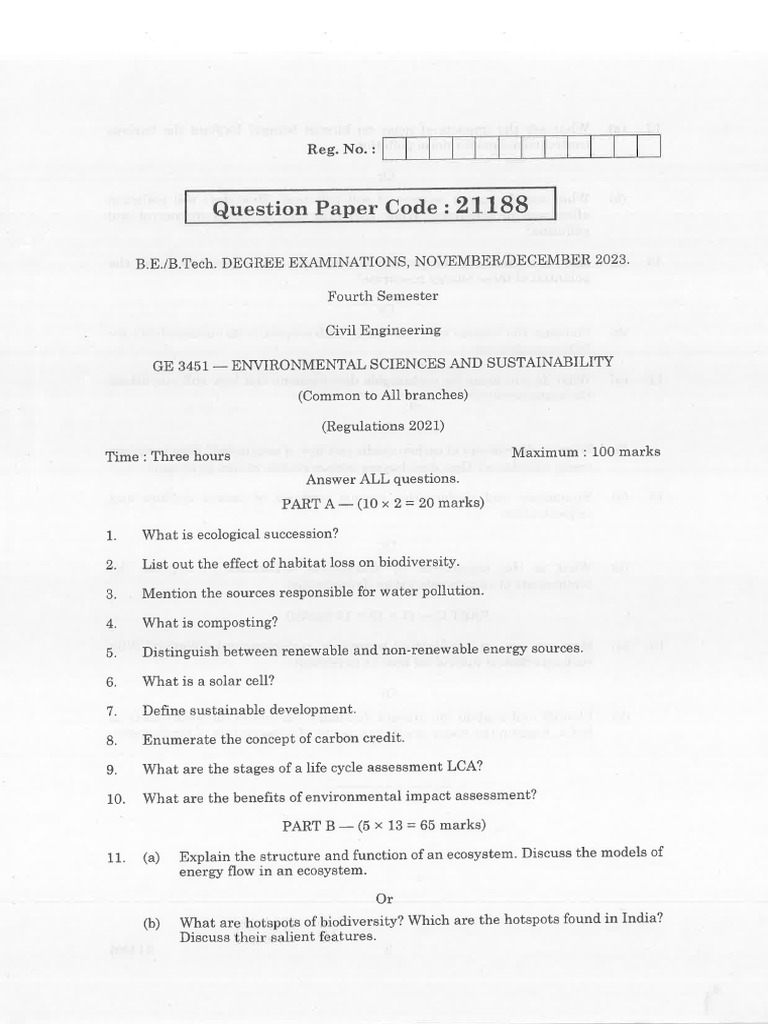 Environmental Sciences And Sustainability Ge3451 2021 Regulation Semester Question Paper