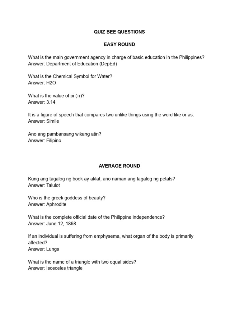 Quiz Bee Questions and Answers | PDF