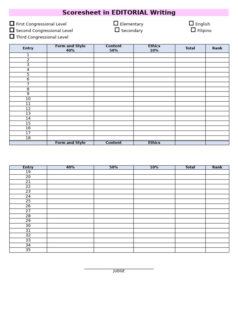 Scoresheet in EDITORIAL Writing | PDF
