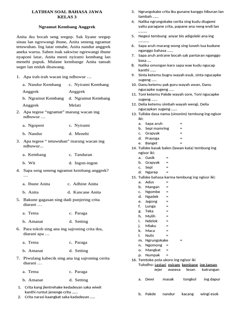 Latihan Soal Bahasa Jawa Kelas 3 | PDF