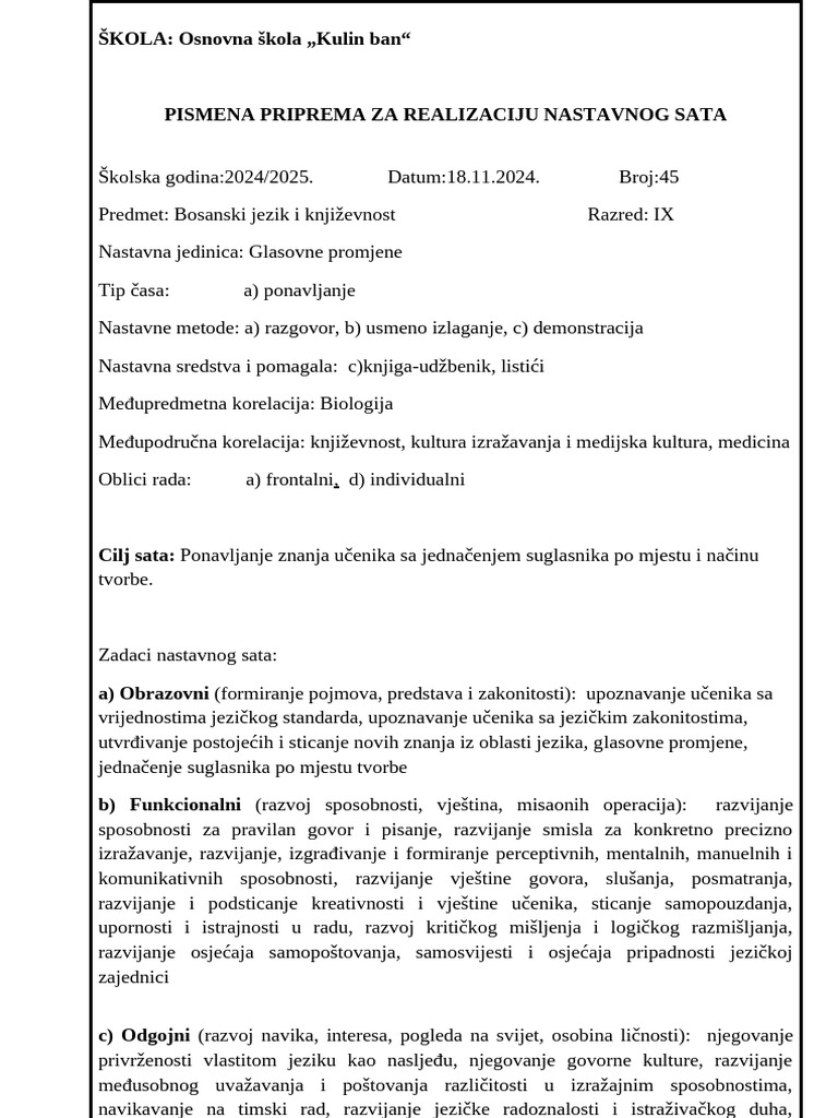 Priprema - Glasovne Promjene, 1.čas | PDF