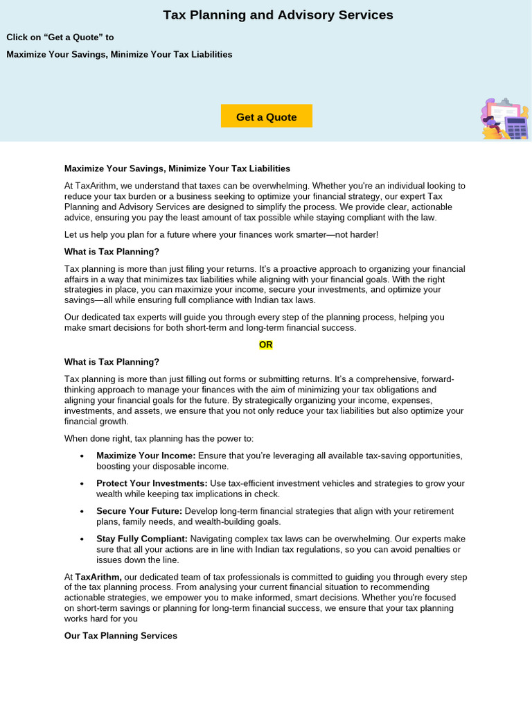Tax Planning & Advisory Services Guide | PDF | Taxes | Tax Avoidance