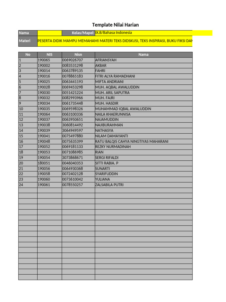 Template Nilai Harian-IX.B-Bahasa Indonesia | PDF