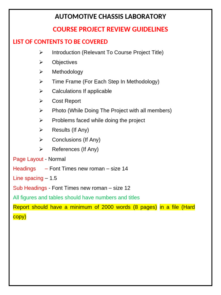 Course Project Review Guidelines Automobile Engineeing Lab | PDF