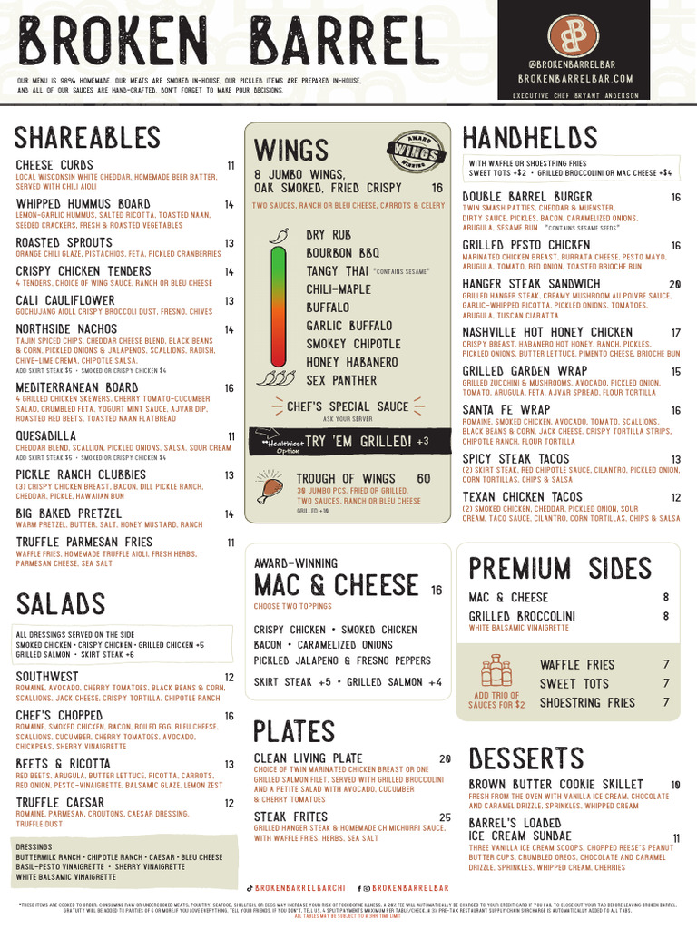 Broken Barrel Dinner Menu | PDF | Pickling | Anheuser Busch Brands