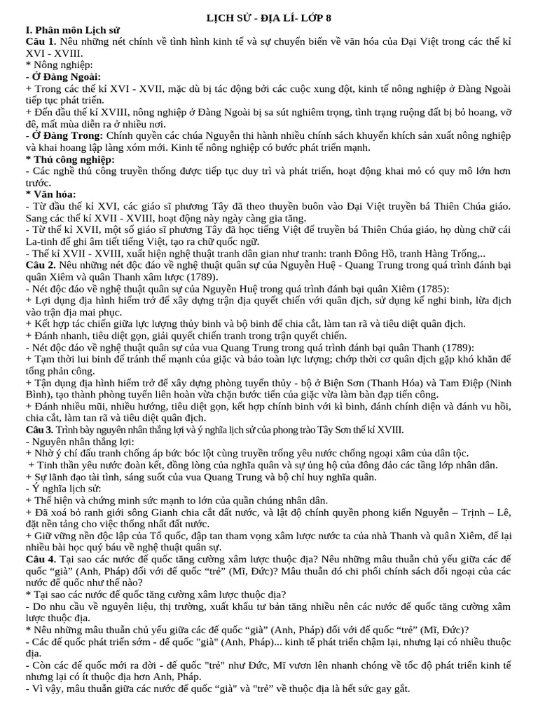 24.25. ĐA Sử + Địa 8. Đề Cương Ôn Tập CKI | PDF