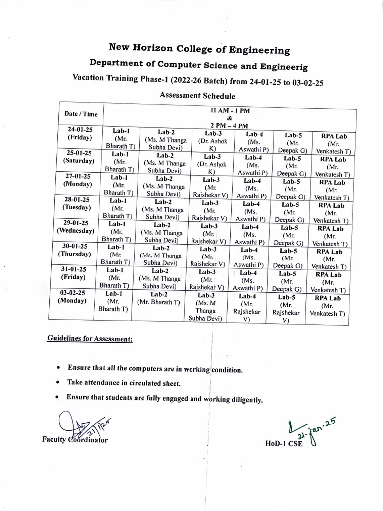 CSE Vacation Training Schedule 2025 | PDF