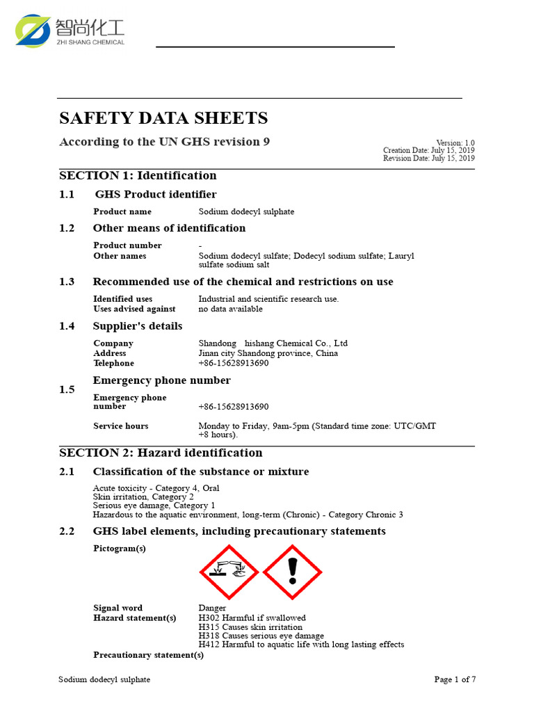 114 - MSDS of Sodium dodecyl sulfate 151-21-3 | PDF | Dangerous Goods | Personal Protective ...