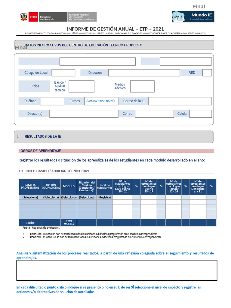 ETP - Ficha Reporte de La Gestión Anual 2021 | PDF | Evaluación