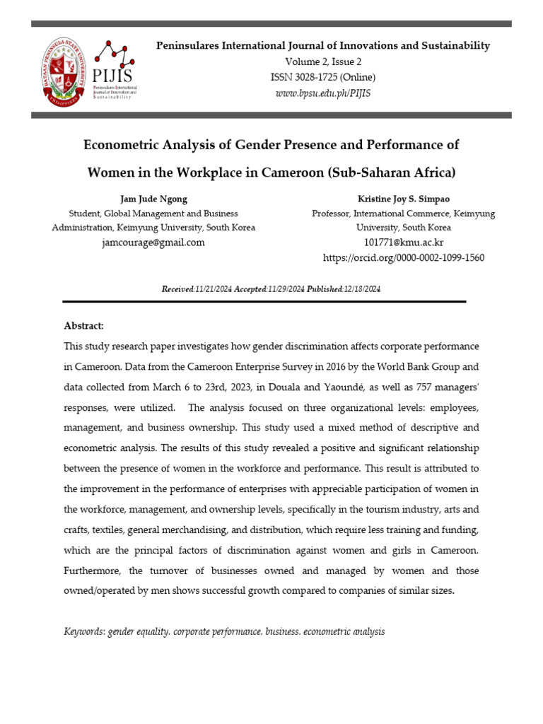 Econometric Analysis Of Gender Presence And Performance Of Women In The Workplace In Cameroon
