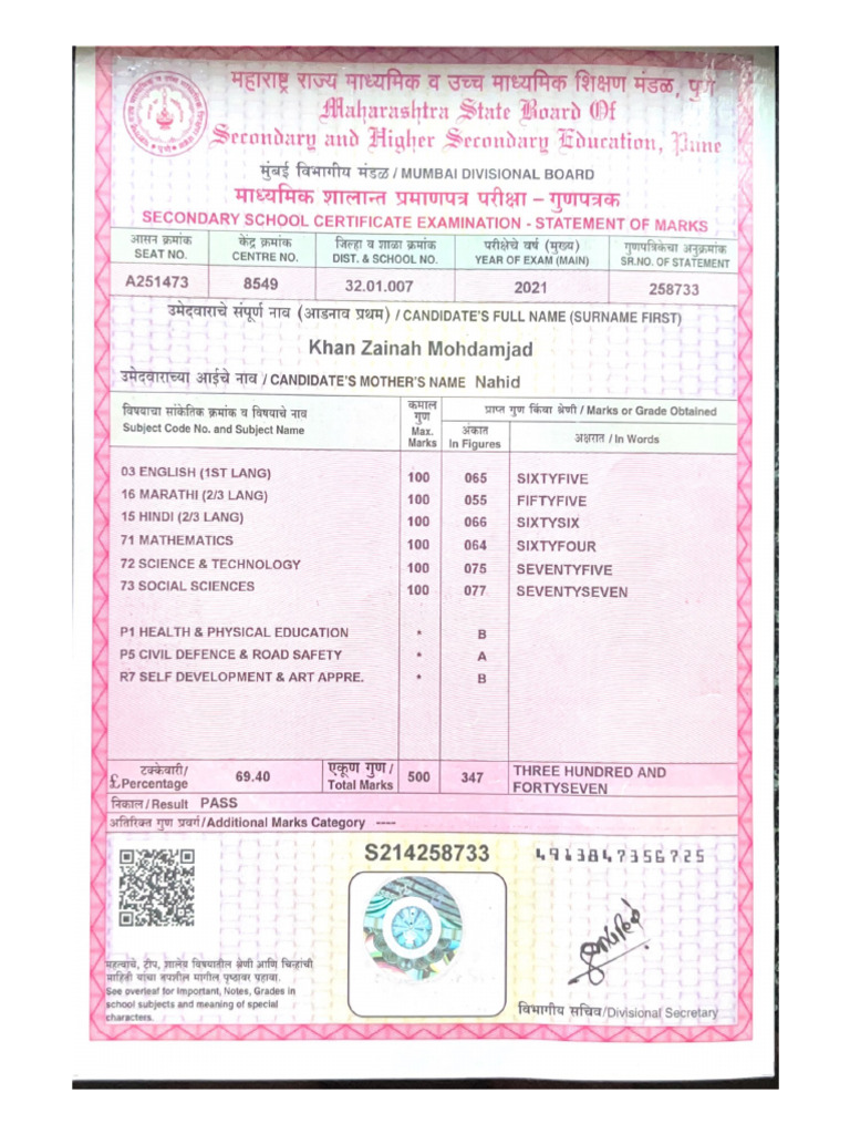 Secondary School Certificate Examination - Statement of Marks | PDF