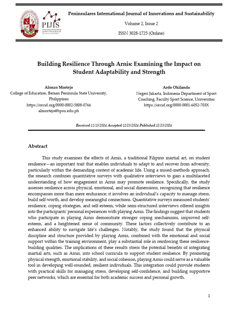 Enhancing Resilience Through Arnis in SHS | PDF | Psychological ...
