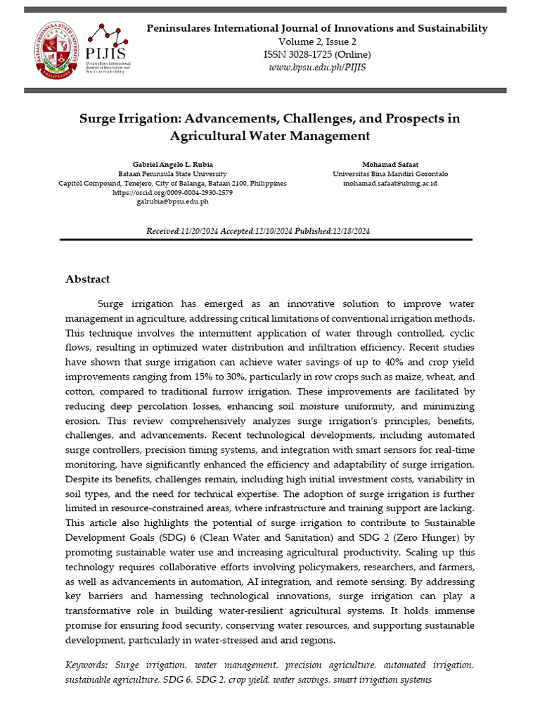 Surge Irrigation: Advancements, Challenges, and Prospects in ...