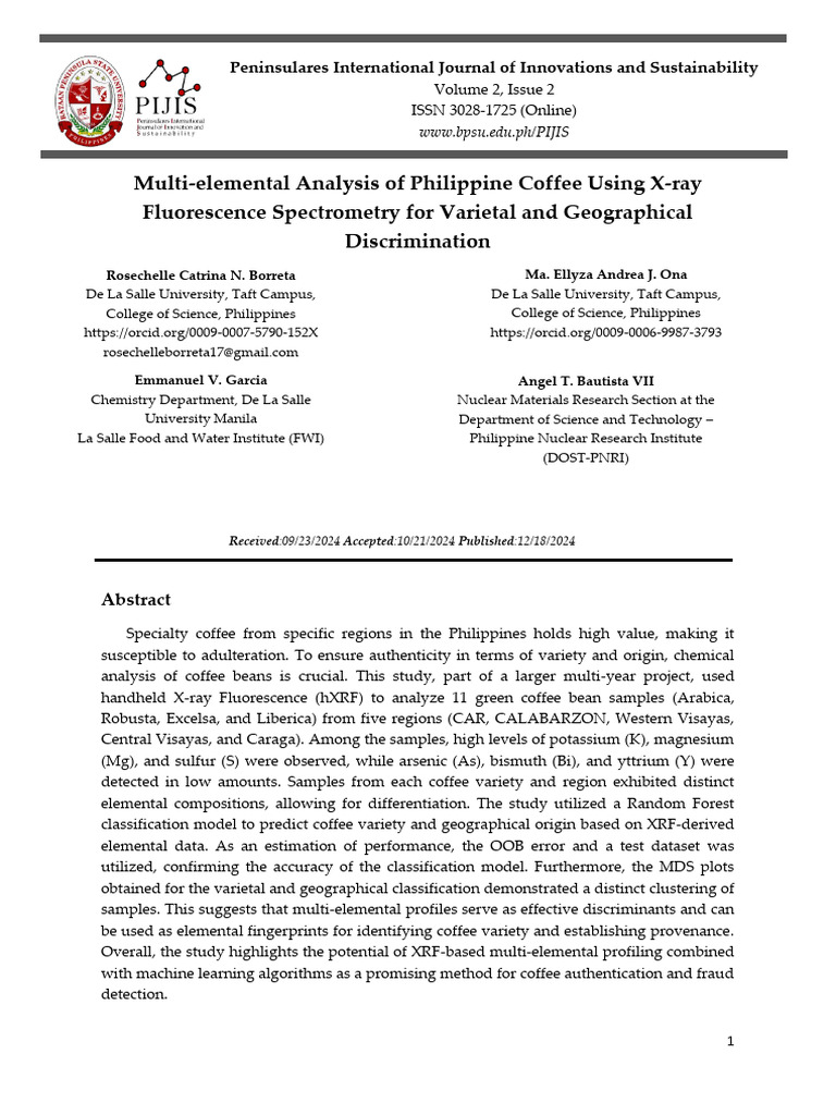 Multi-Elemental Analysis of Philippine Coffee Using X-Ray Fluorescence Spectrometry For Varietal ...