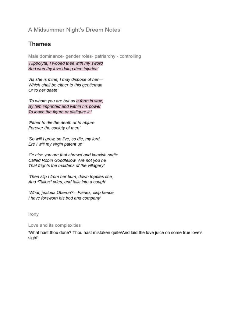 A Midsummer Night's Dream Notes | PDF | A Midsummer Night's Dream