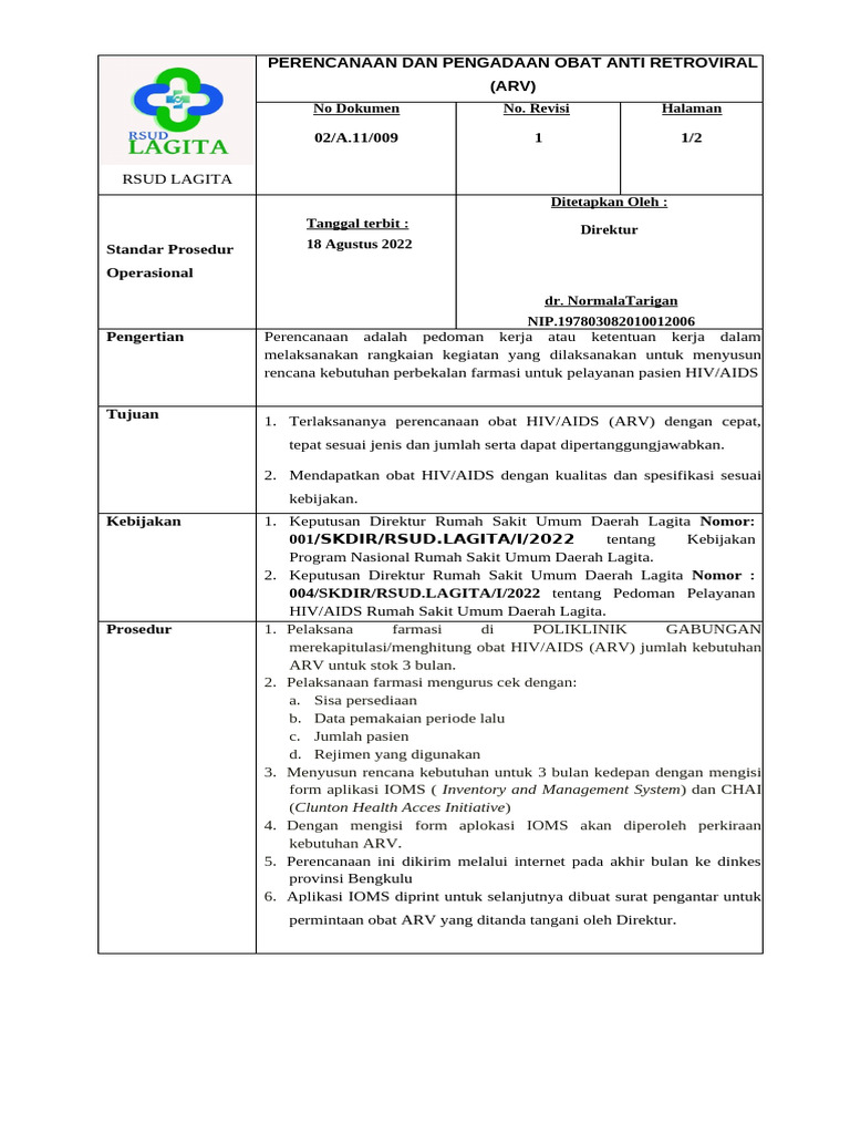 Spo 009 Perencanaan Dan Pengadaan Obat Arv | PDF