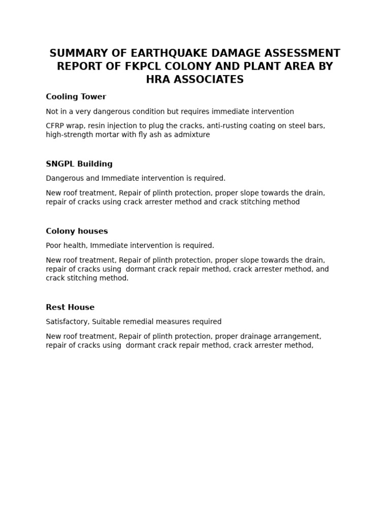Summary of Earthquake Damage Assessment Report of FKPCL Colony and ...