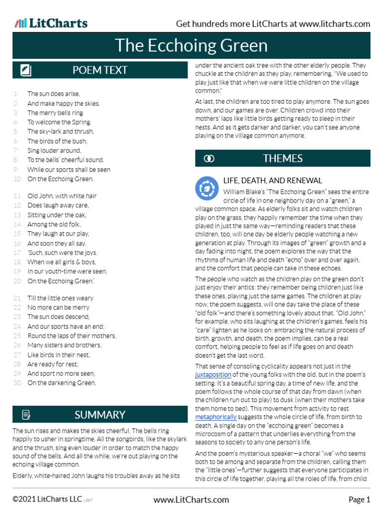 LitCharts the Ecchoing Green | PDF | Poetry | Sunset