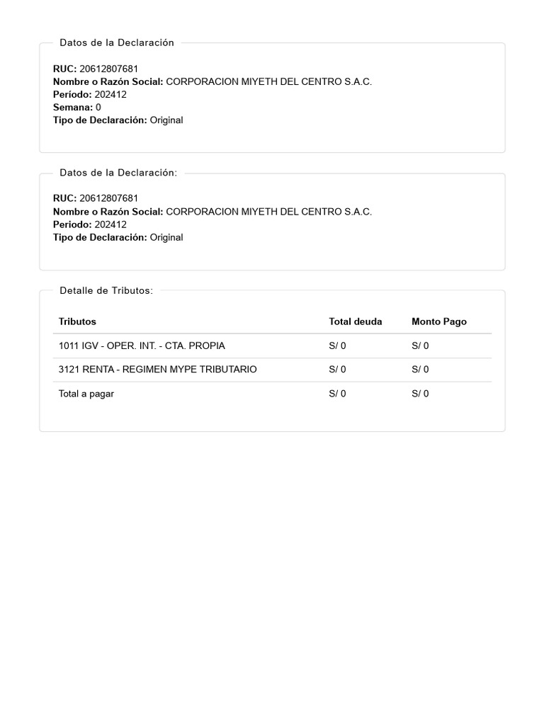 Declaración Tributaria Corporación Miyeth 202412 | PDF