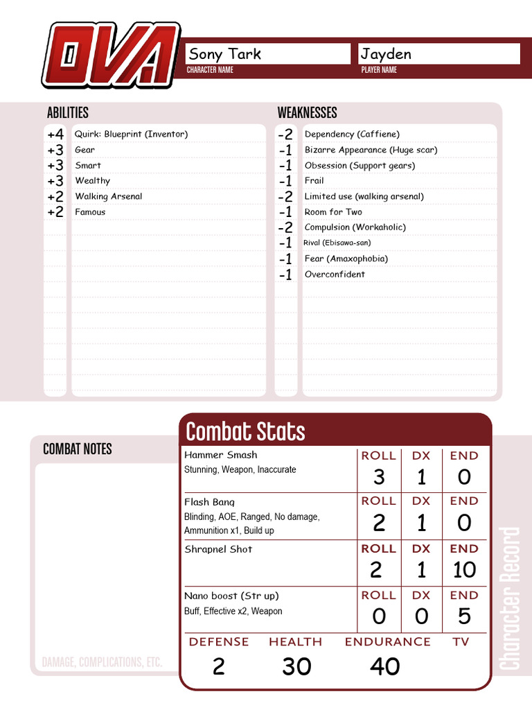 Tark Sony's Character Sheets (S2) | PDF