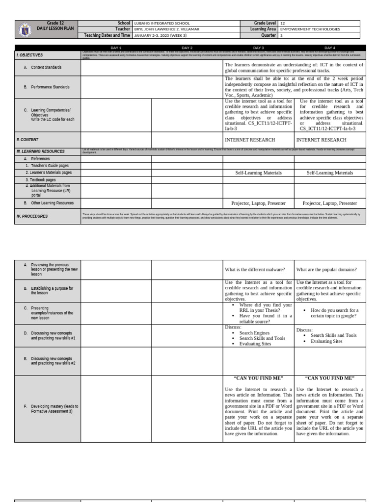 Week 3 Lesson Plan Empowerment Technology | PDF | Educational Assessment | Learning