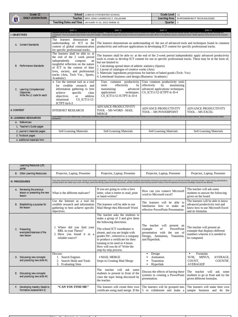 Week 4 Lesson Plan Empowerment Technology | PDF | Educational Technology | Learning