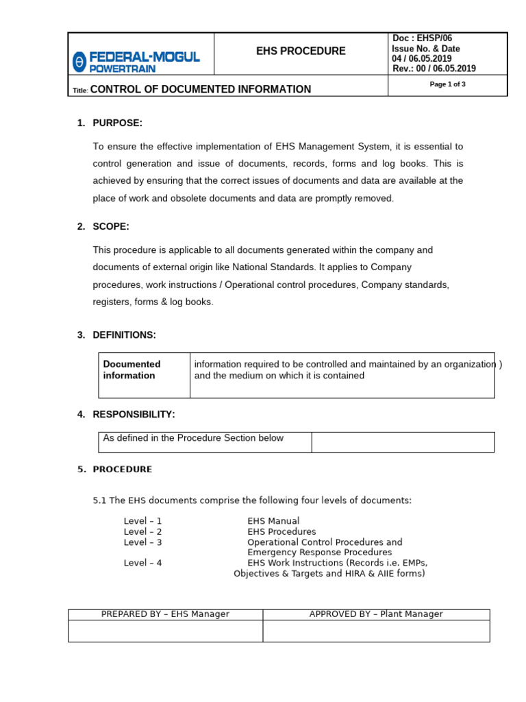 EHS - PROC - 06-Control of Documented Information | PDF | Information ...