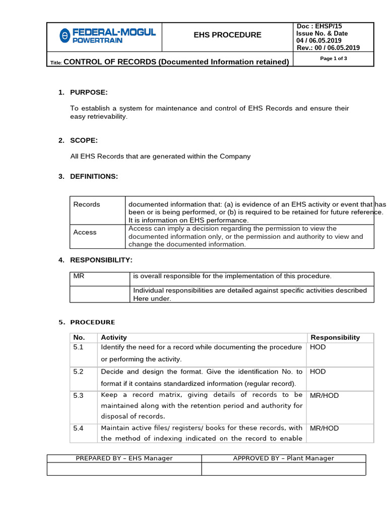 Ehs Proc 15 Control Of Records Pdf Information Computing