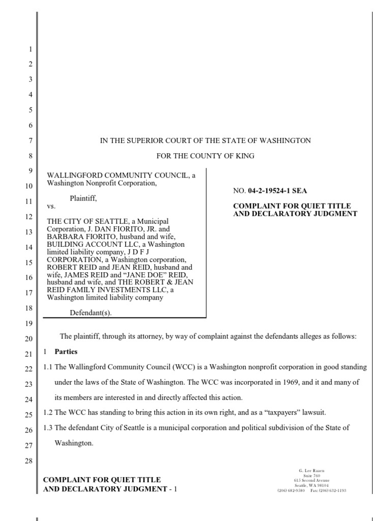 Sample WA Quiet Title Complaint (Filed by City of Seattle ...