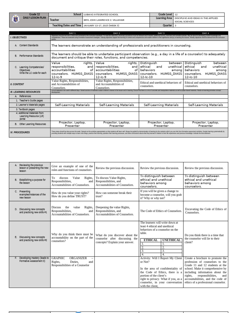 WEEK 5 LESSON PLAN DIASS | PDF | Learning | School Counselor