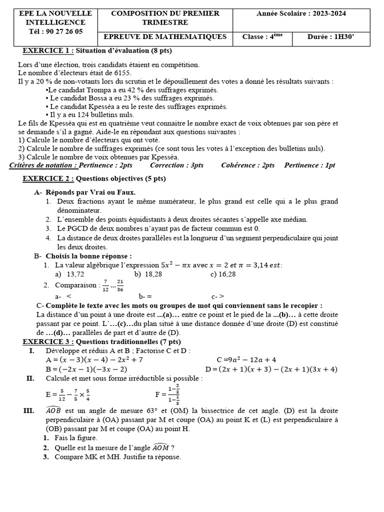 Évaluation de Mathématiques 4ème - T1 2023-2024 | PDF | Mathématiques ...