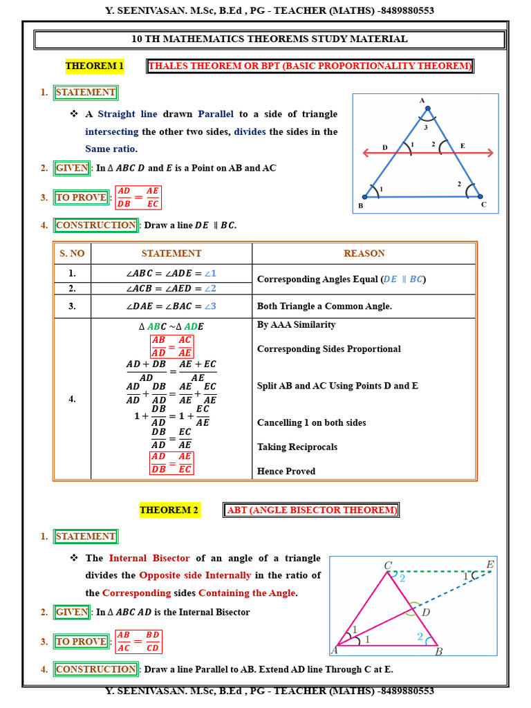 10th Maths Theorems Study Material English Medium PDF Download | PDF ...