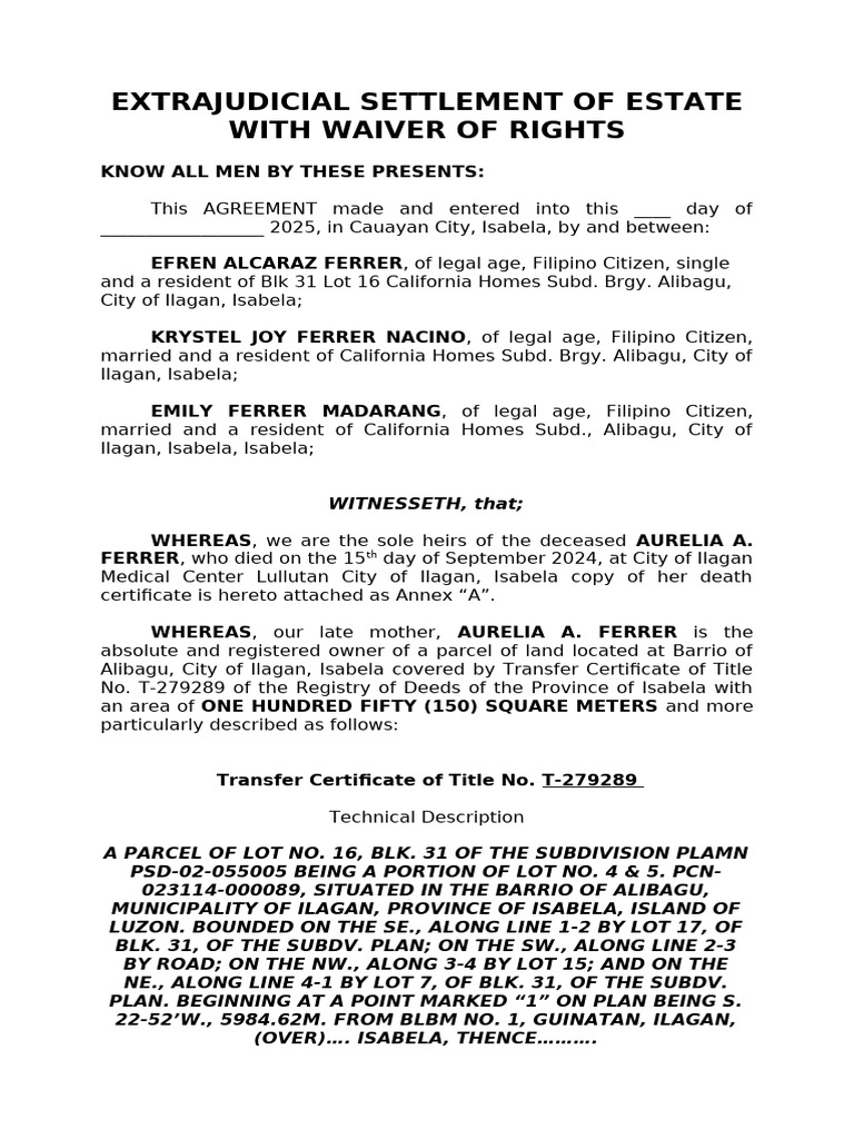 Extrajudicial Settlement of Estate With Waiver or Rights - Auro Rosy Emir Noel | PDF | Real ...