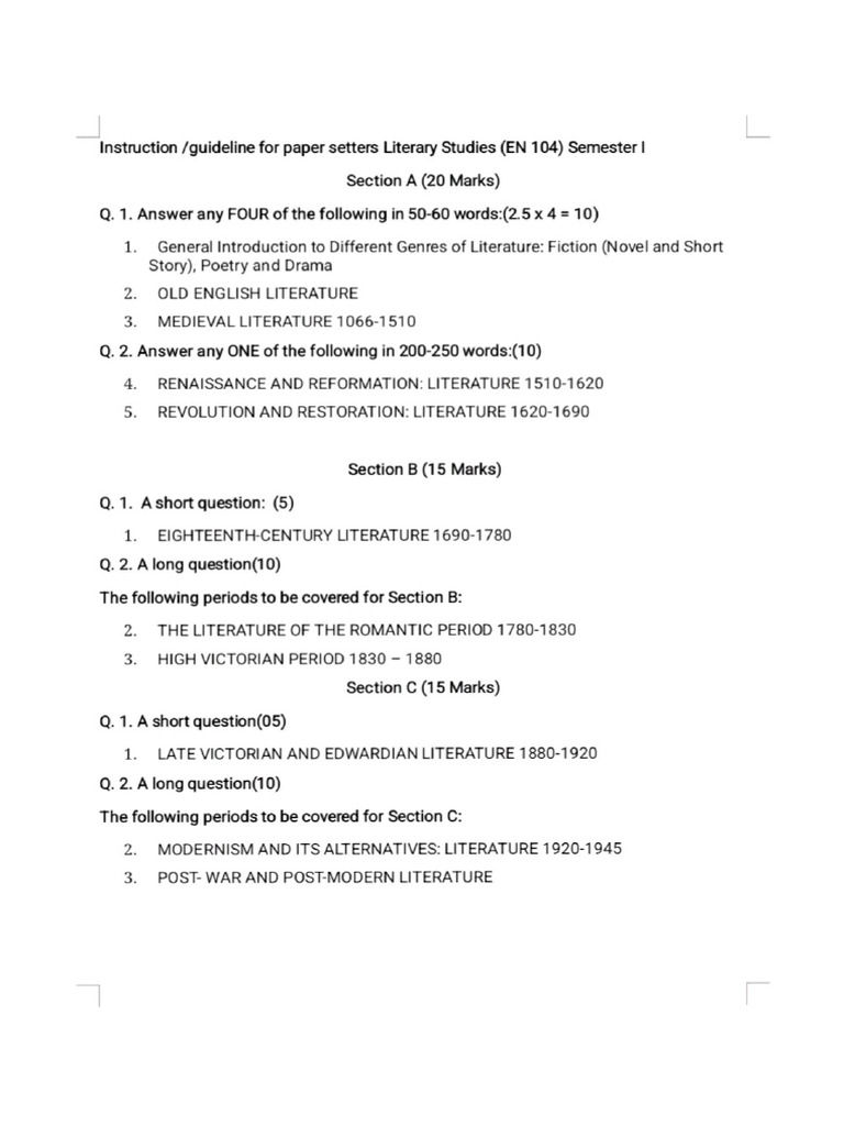Guideline For Paper Setters EN 104 Introduction To Literary Studies | PDF