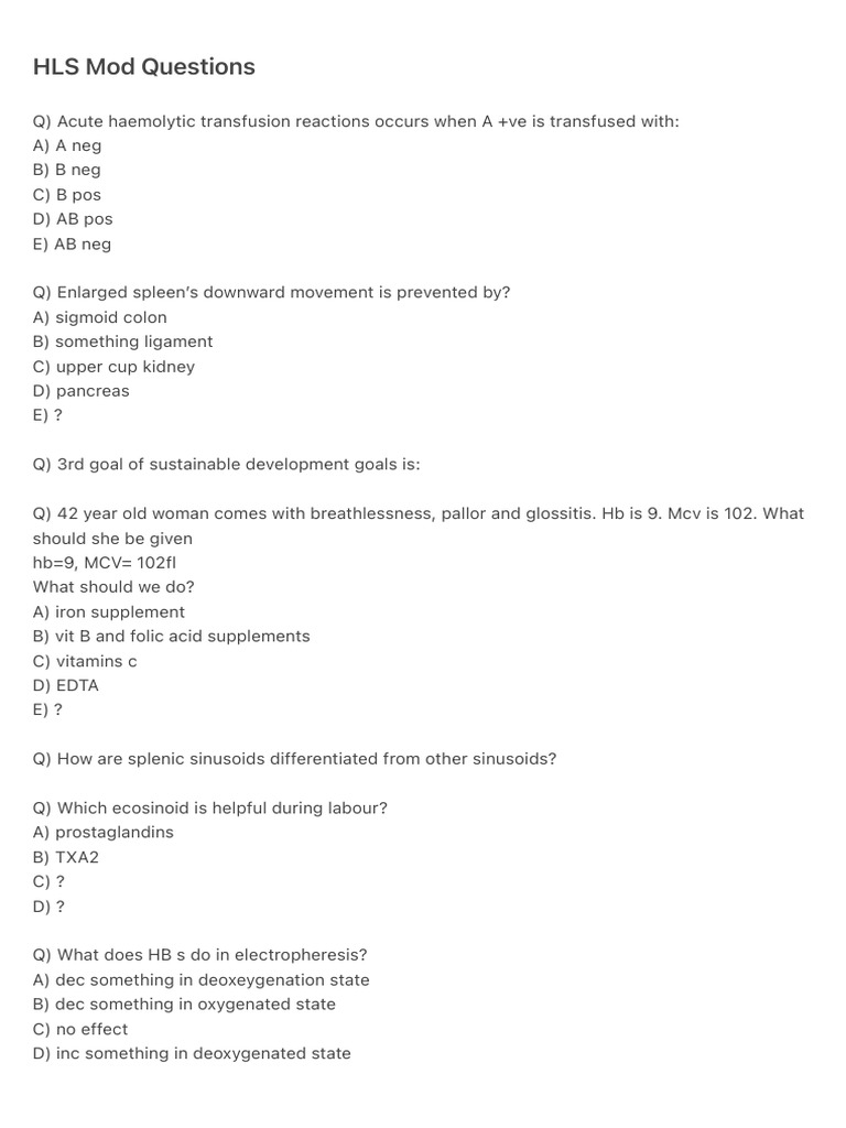 HLS Mod Questions | PDF | Coagulation | Immune System