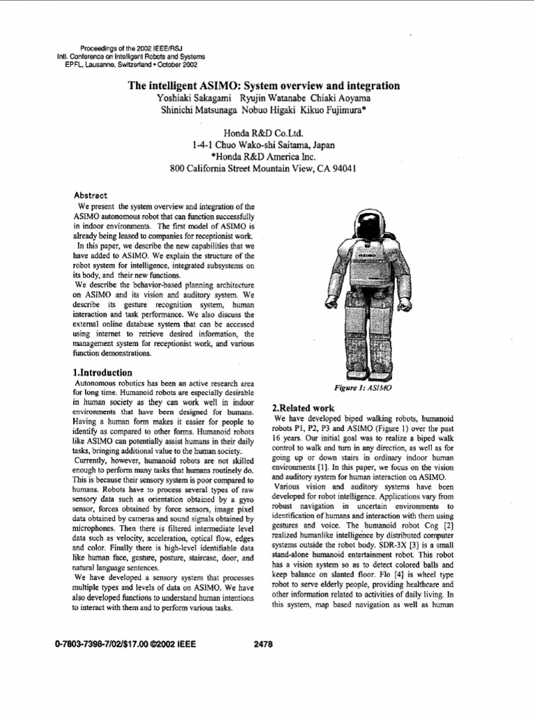 The Intelligent ASIMO System Overview and Integration | PDF | Computer Vision | Robot