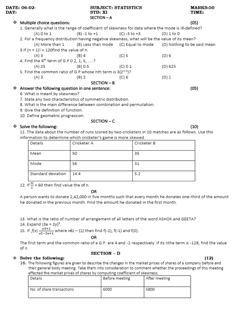 Statistics Exam Questions for Class XI | PDF | Skewness | Mode (Statistics)