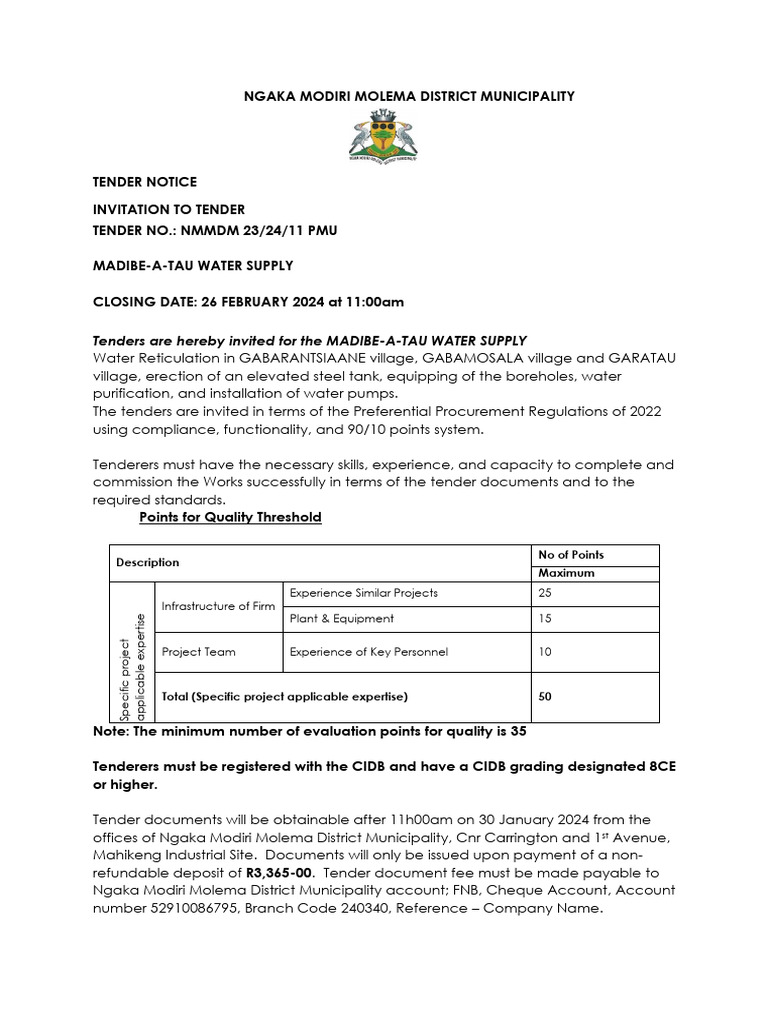 Tender for Water Supply Project | PDF