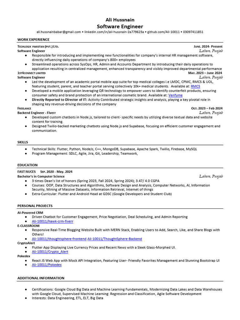 Ali Hussnain - Software Engineer | PDF | Mobile App | Machine Learning