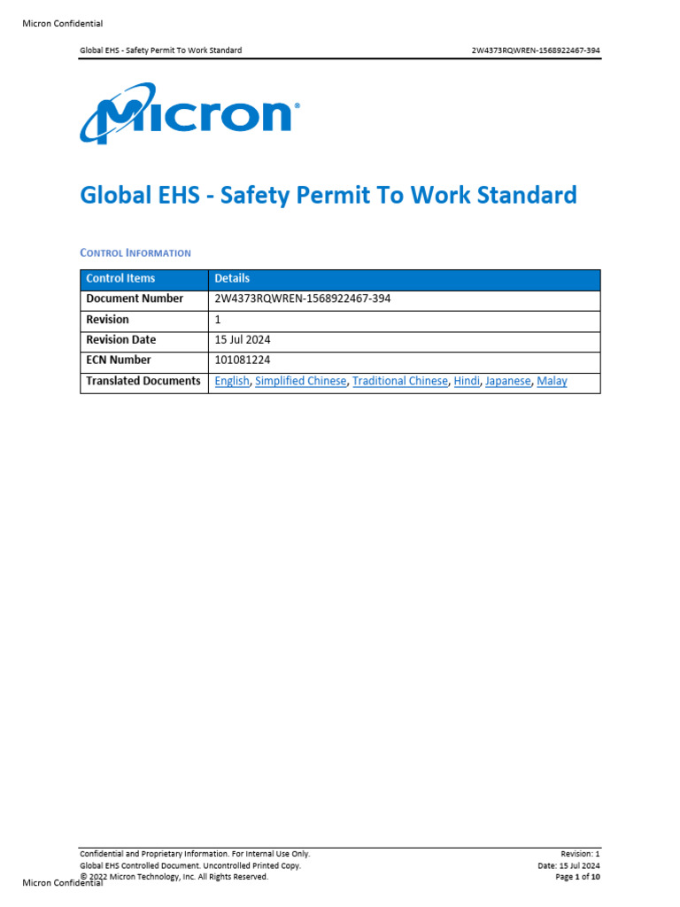 Global Ehs Safety Permit To Work Standard | PDF | Regulatory Compliance ...