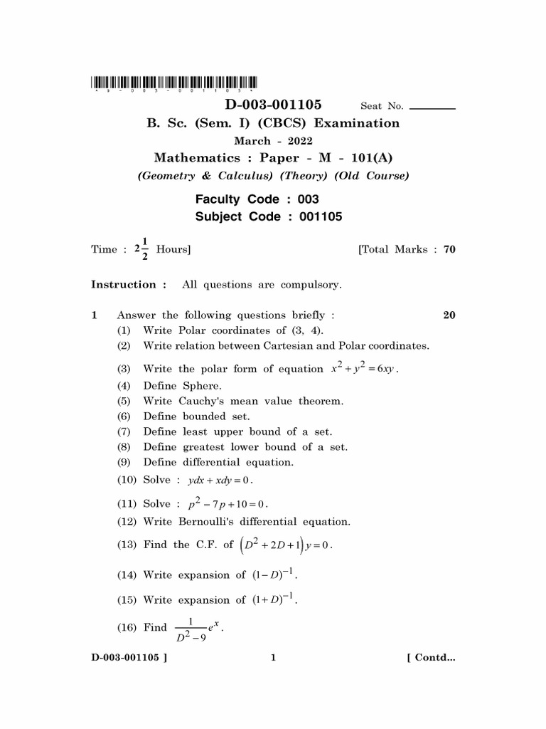 B. Sc. (Sem. I) (CBCS) Exam March - 2022 Mathematics - Paper - M - 101 ...