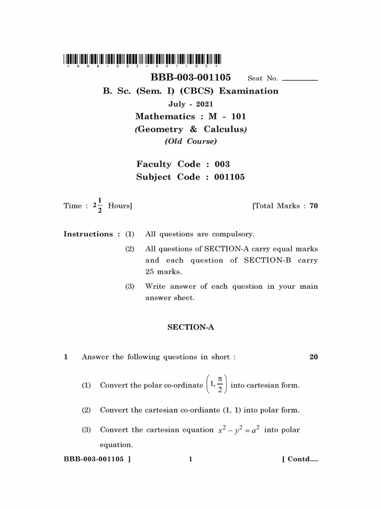 BSC Sem-1 (Old) July-2021 Mathematics Paper-1 | PDF