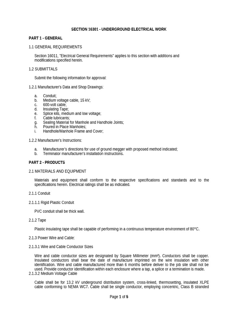 SECTION 16301 - UNDERGROUND ELECTRICAL WORK | PDF | Insulator (Electricity) | Electrical Connector